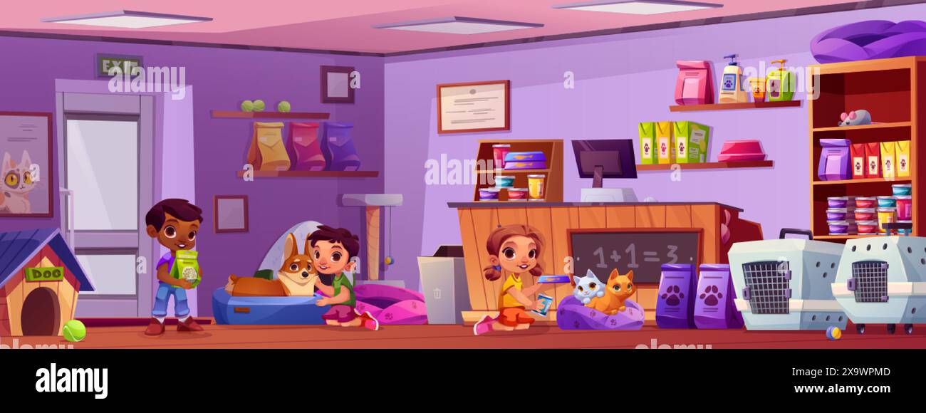 Pet shop interior. Vector cartoon illustration of happy children ...