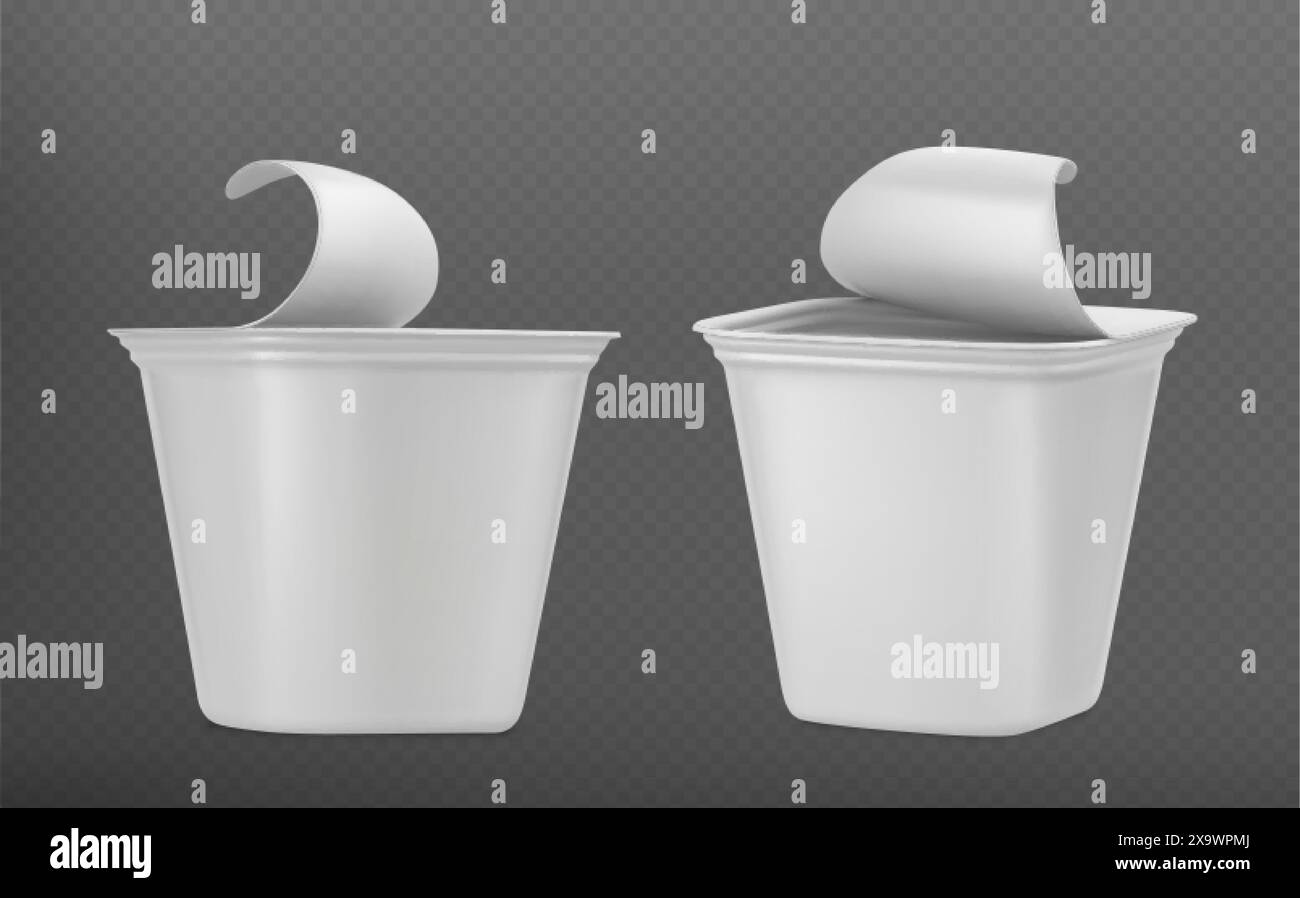 3d open lid yogurt plastic container package mockup. White realistic ...