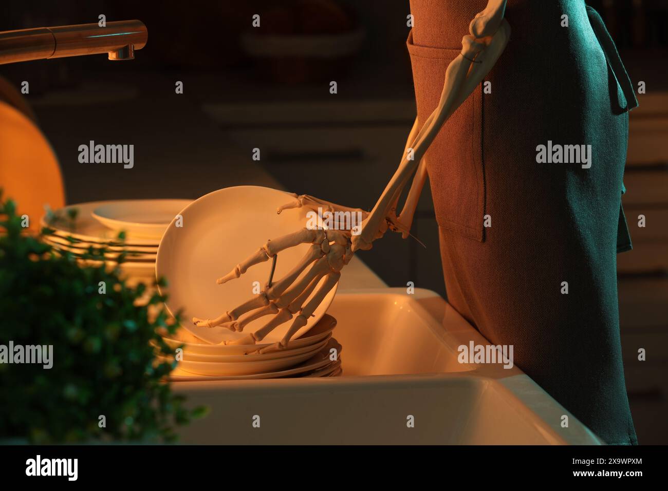 Human skeleton washing dishes in kitchen sink at night, closeup Stock ...