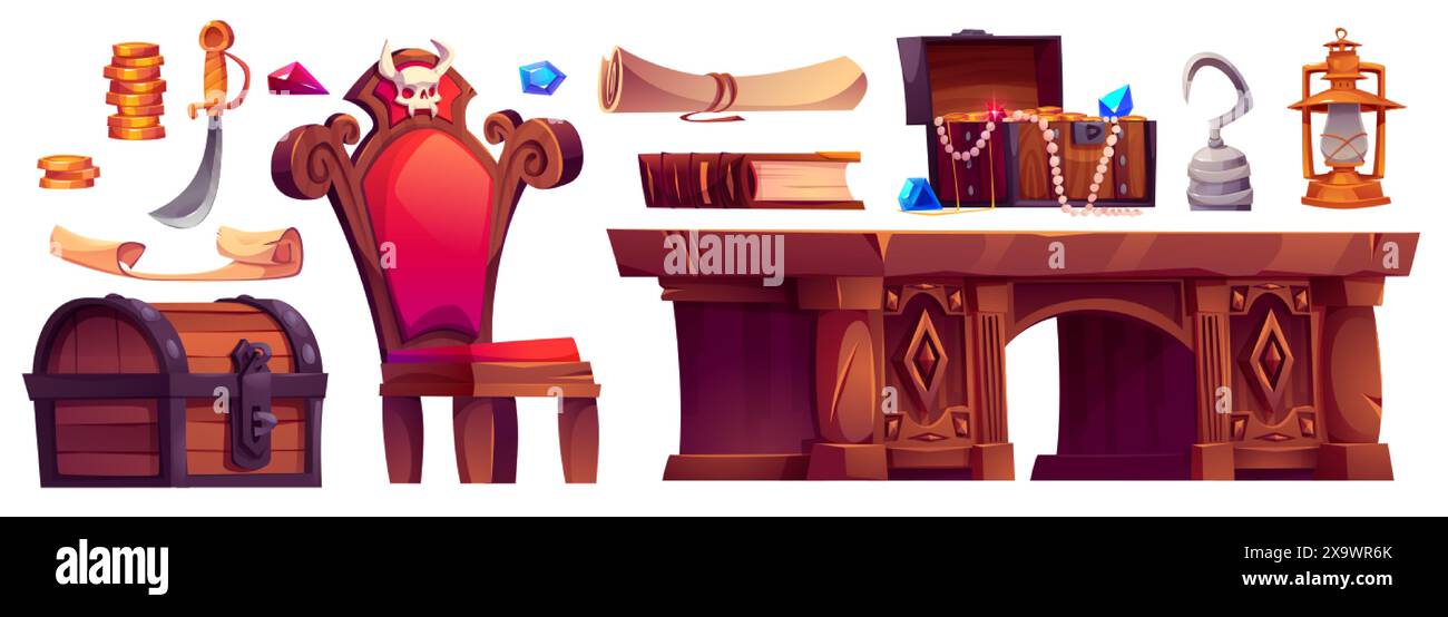 Pirate ship cabin interior furniture and elements. Cartoon vector ...
