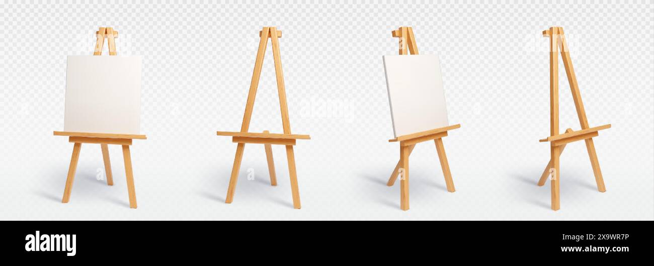 Brown wooden easel empty and with white blank canvas in different ...