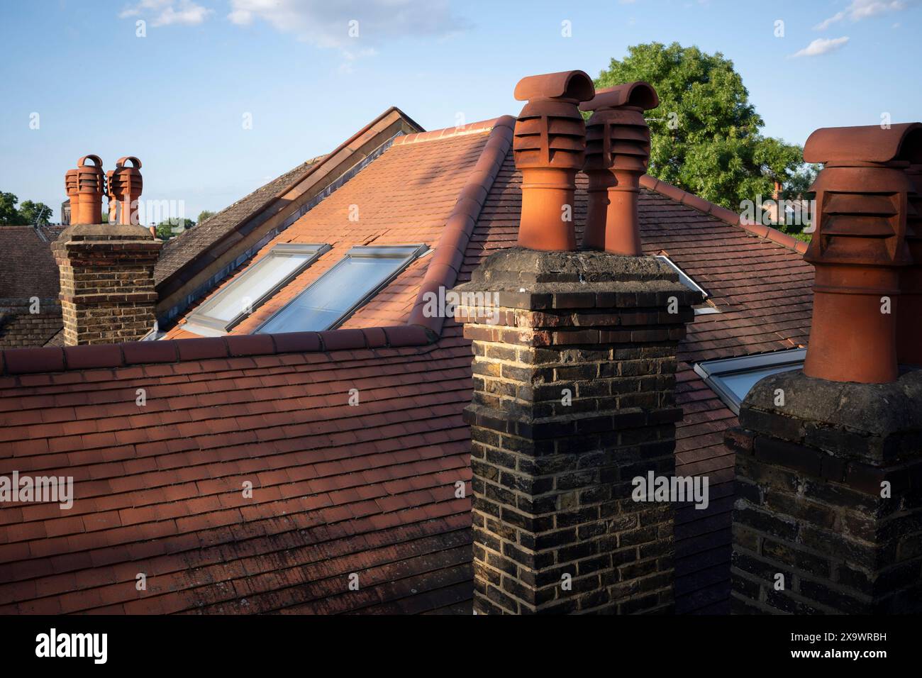 Rooftops and chimneys of a suburban south London house, on 2nd June ...