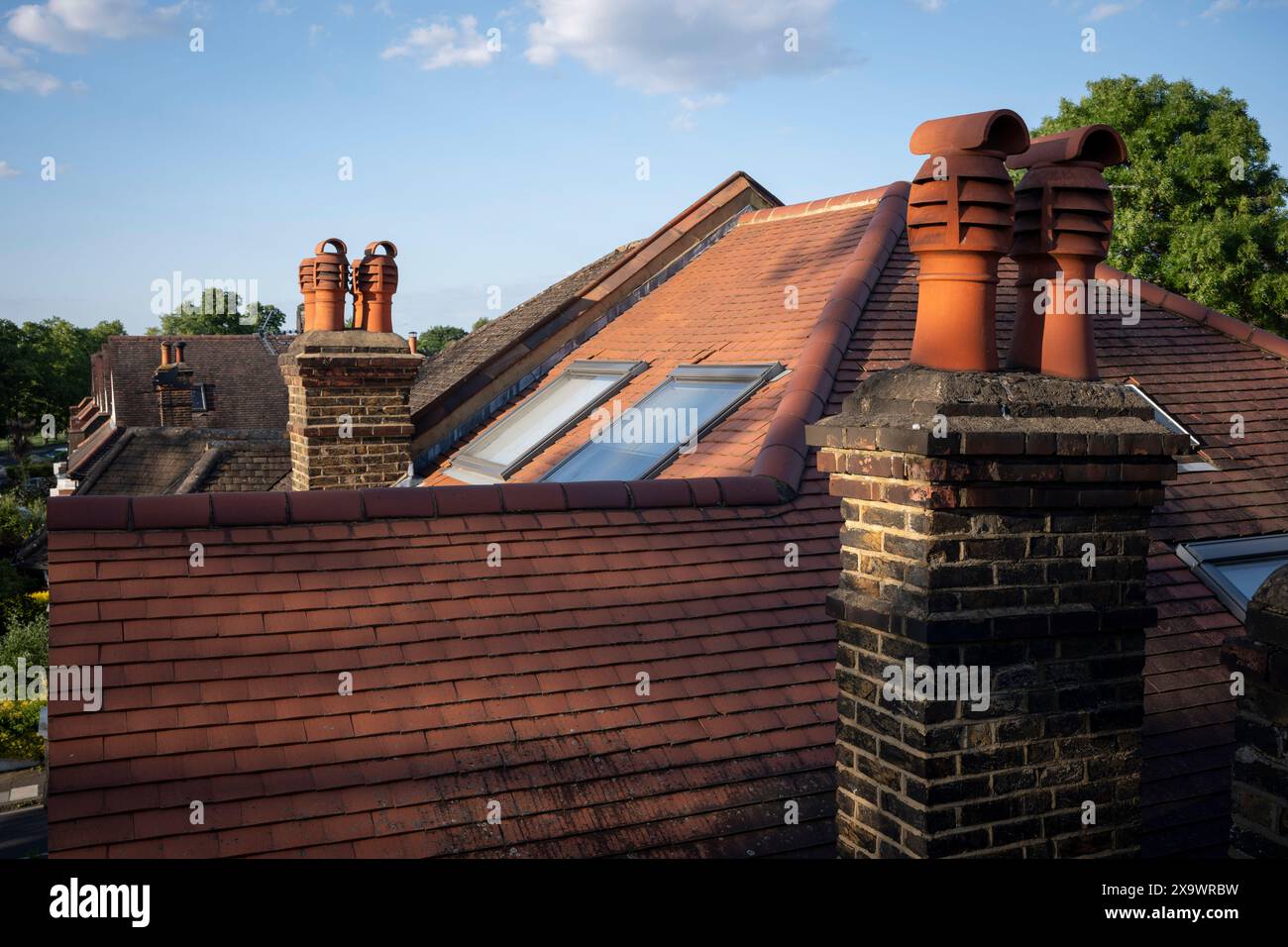 Rooftops and chimneys of a suburban south London house, on 2nd June ...