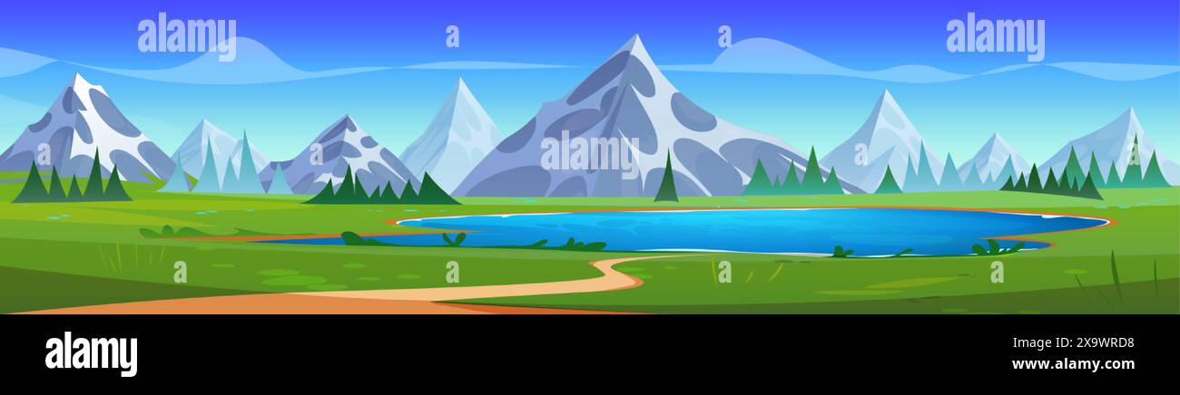 Blue lake in mountain valley. Vector cartoon illustration of beautiful ...