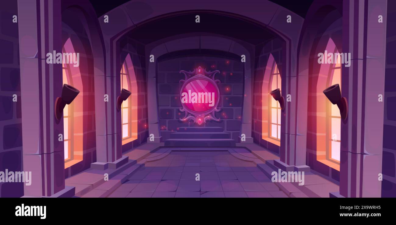 Magic mirror with pink glow and sparkles hanging on wall of castle hall ...