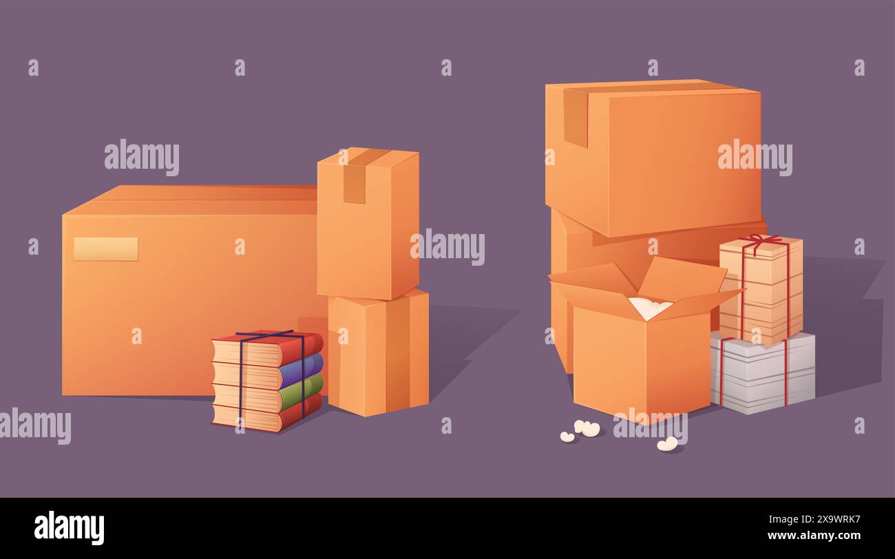 Cardboard box with stuff for house or office move concept. Cartoon ...