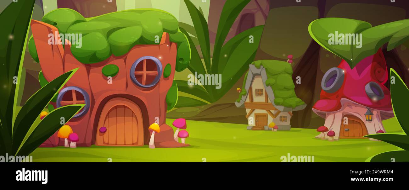 Fantasy fairy tale village and house in summer forest. Cute gnome ...