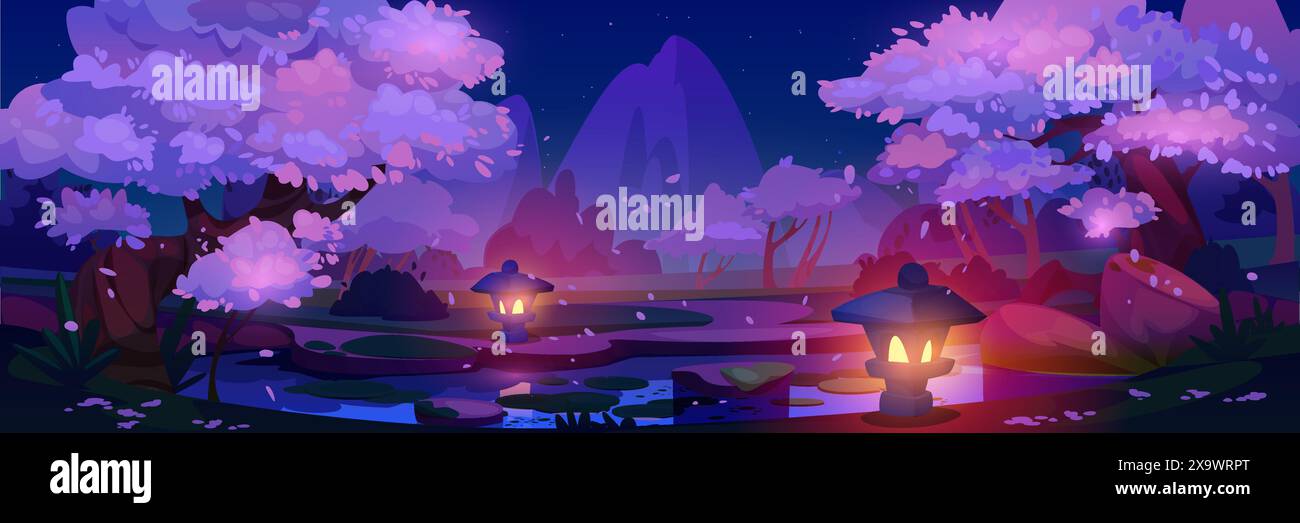 Night Japanese pond and cherry tree background. Spring lake garden ...