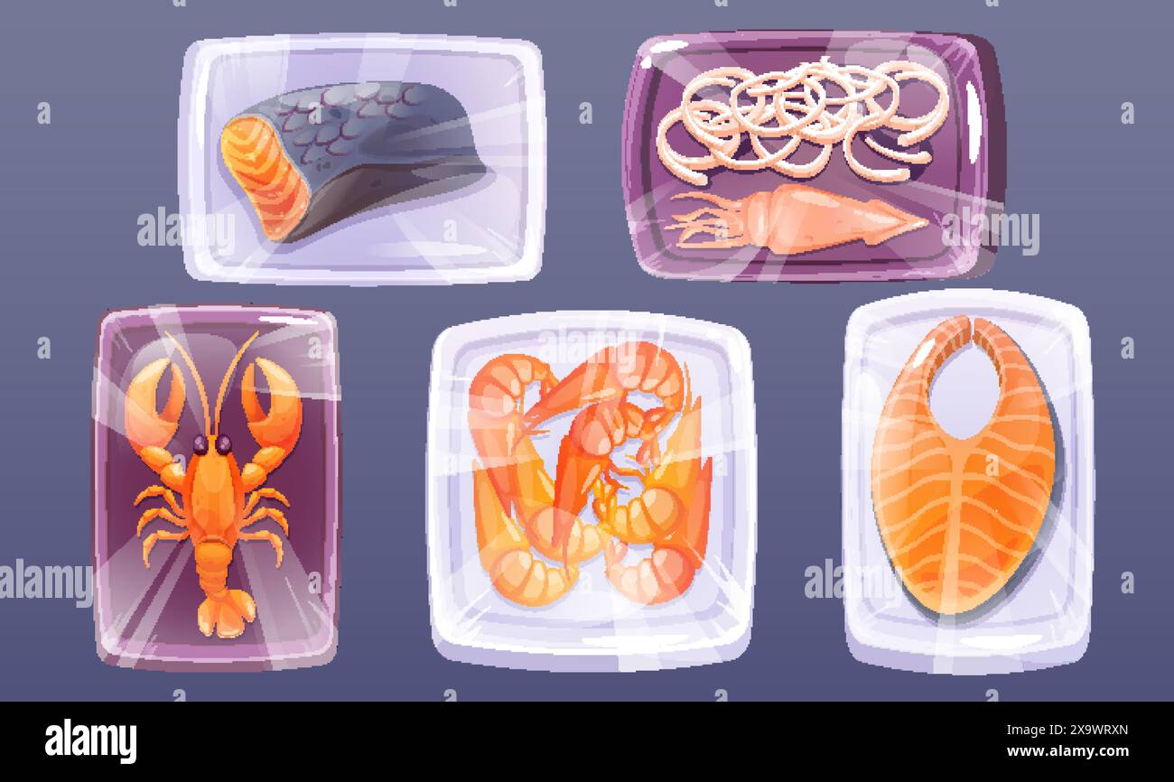 Frozen seafood Plastic package. Salmon sea fish and shrimp on tray pack ...