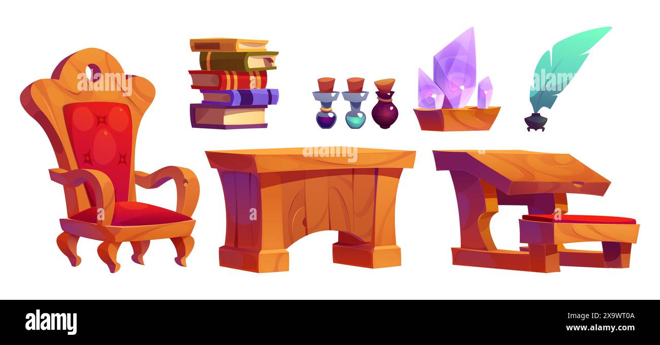 Wizard school old book and potion cartoon vector. Laboratory study room ...