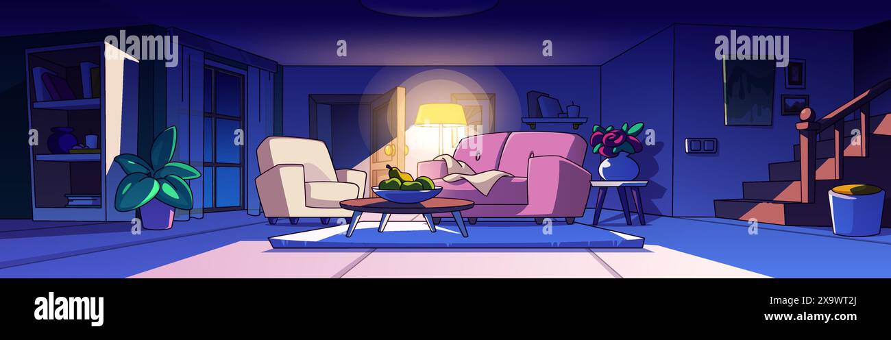 Night home room interior with pink sofa cartoon background. House ...