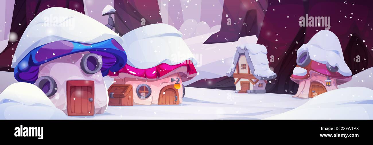 Magic gnome village with snow in winter forest. Cute fairy tale ...