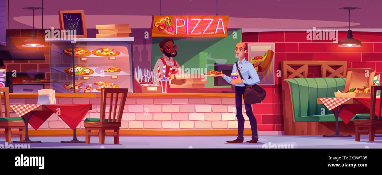 Pizzeria cafe interior with male cashier and customer characters ...
