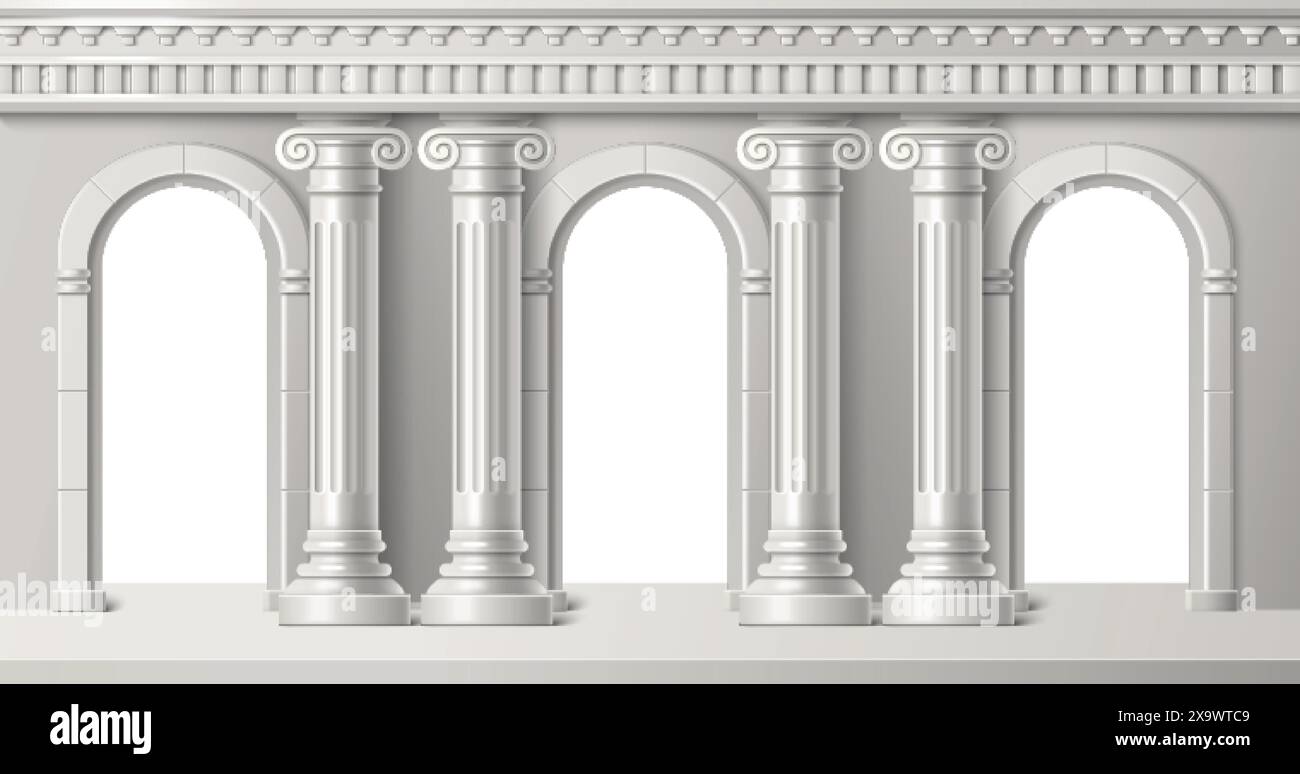 Roman arch with pillar. Greek palace building architecture vector. Classic white antique door ...