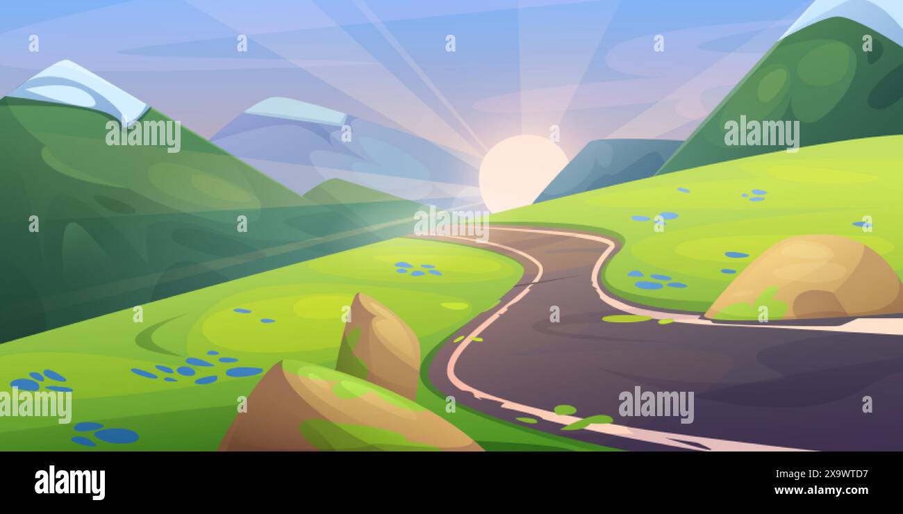 Summer sunset or sunrise mountains landscape with winding road, green ...