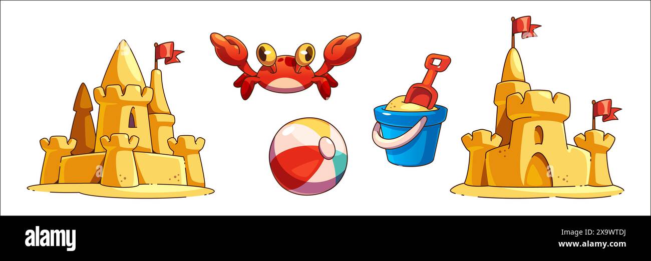 Sand castle, bucket toy and shovel on beach vector cartoon. Sandcastle ...
