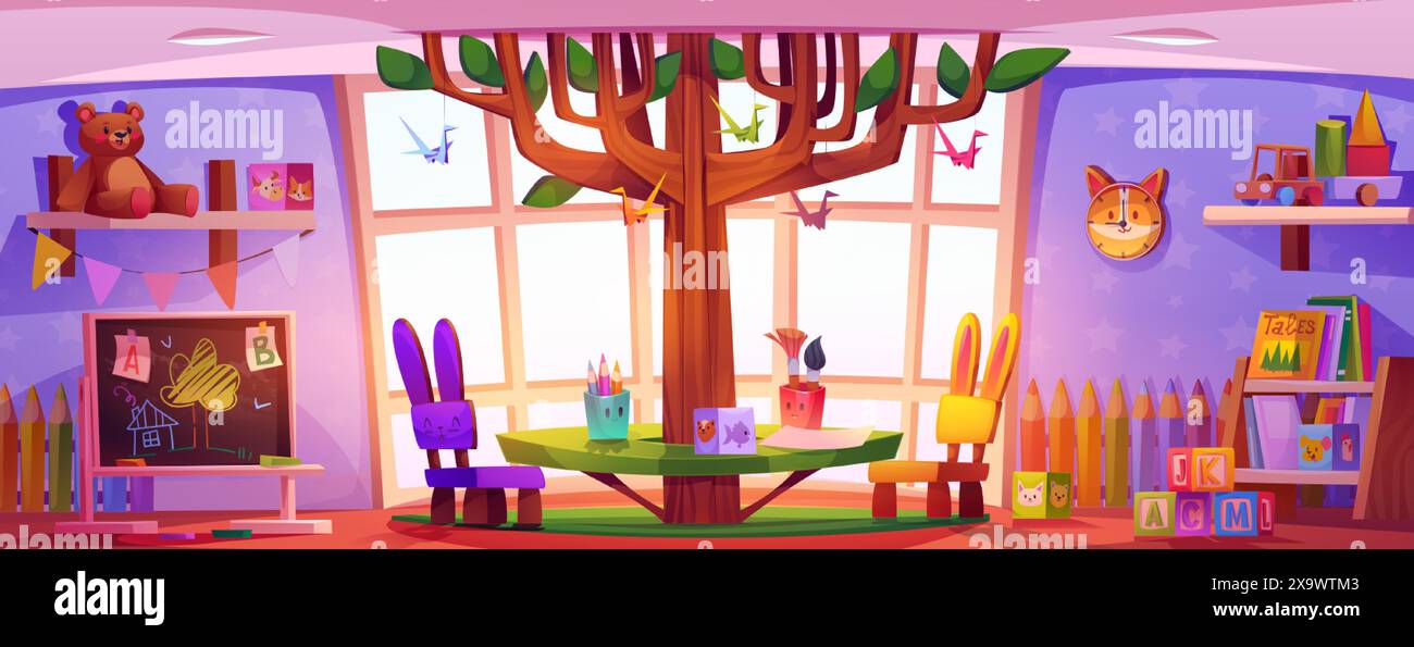Kindergarten room interior with furniture and toys. Cartoon vector ...