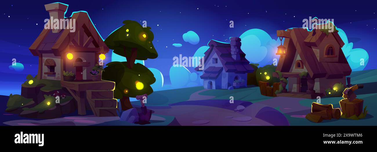 Fairytale village with houses, trees and rural elements at night ...