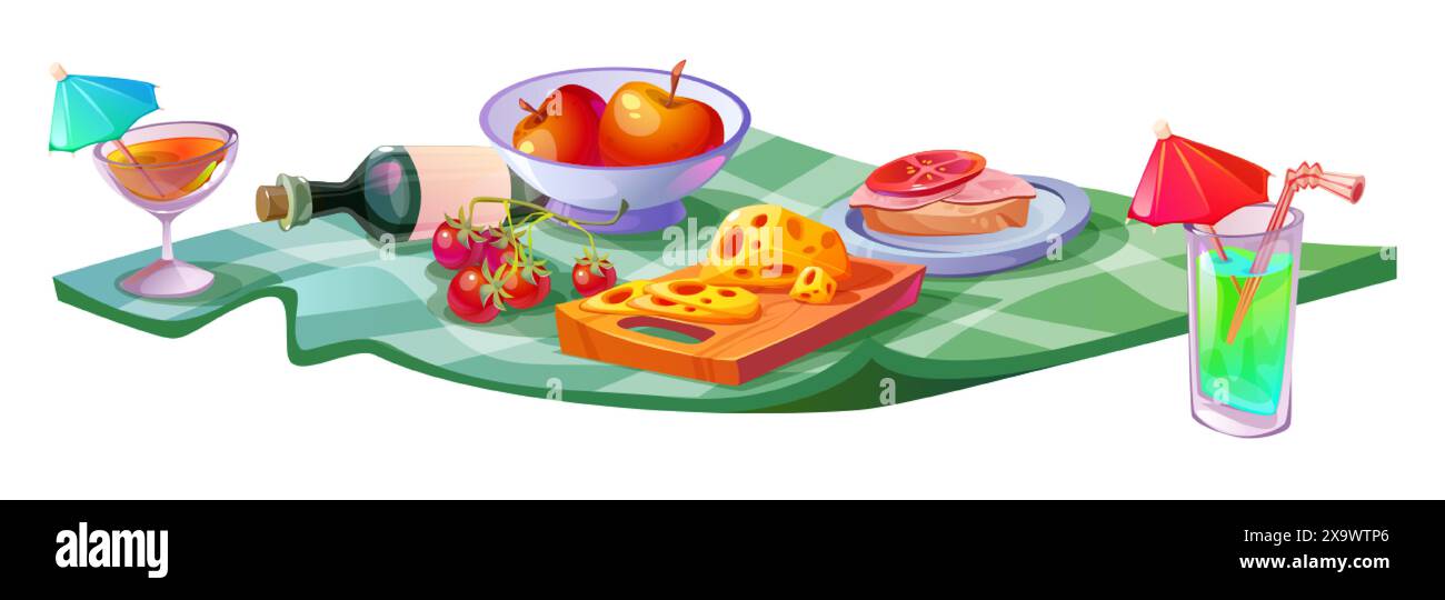 Food served on picnic blanket isolated on white background. Vector ...