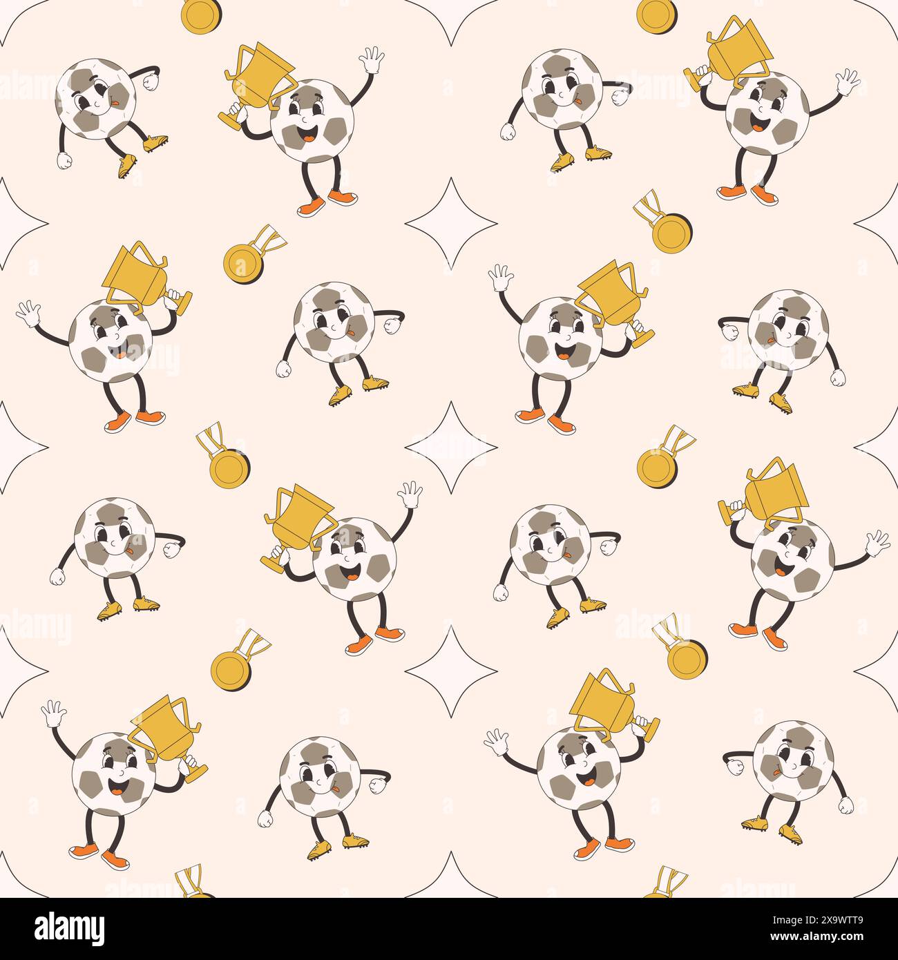 Soccer ball characters seamless pattern. Football retro cartoon with ...
