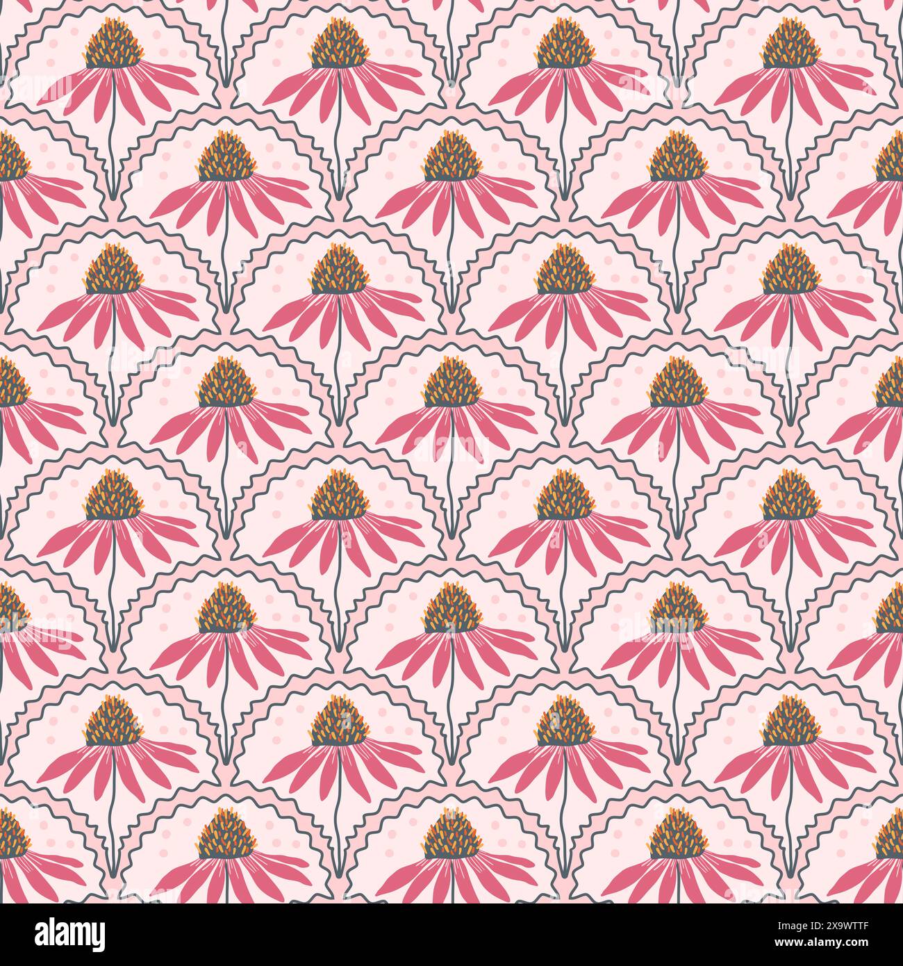 Coneflowers scalloped pattern. Floral vintage endless background ...