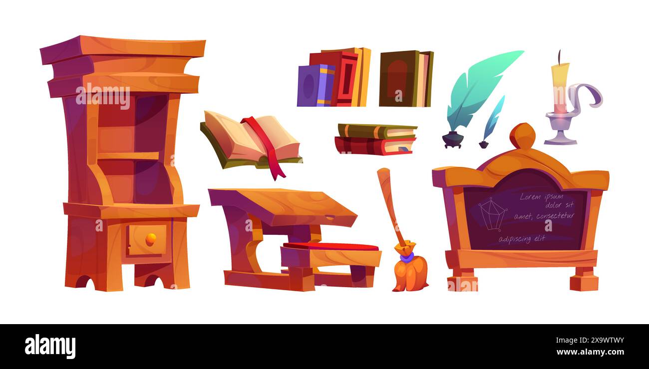 Magic school room interior furniture and studying elements. Cute ...