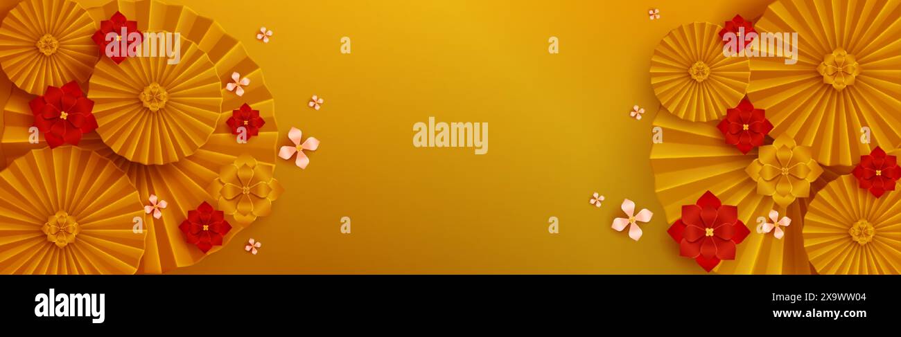 Golden Chinese background with gold and red paper fan and flowers ...