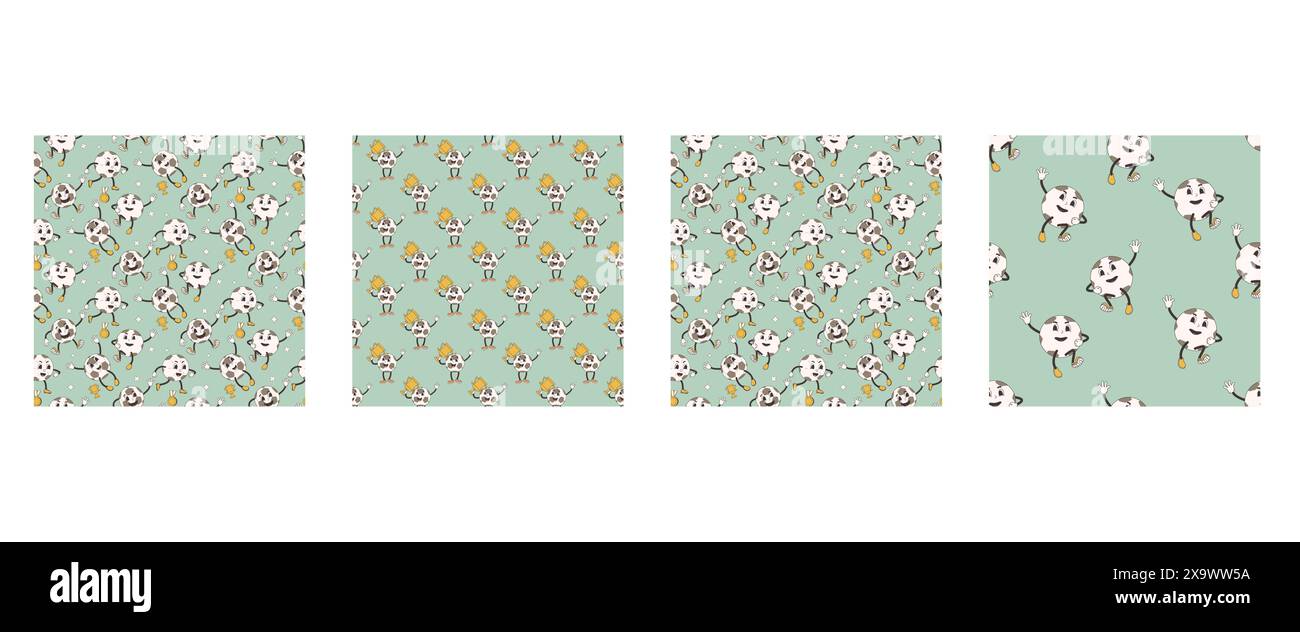 Soccer ball characters seamless patterns collection. Football retro ...