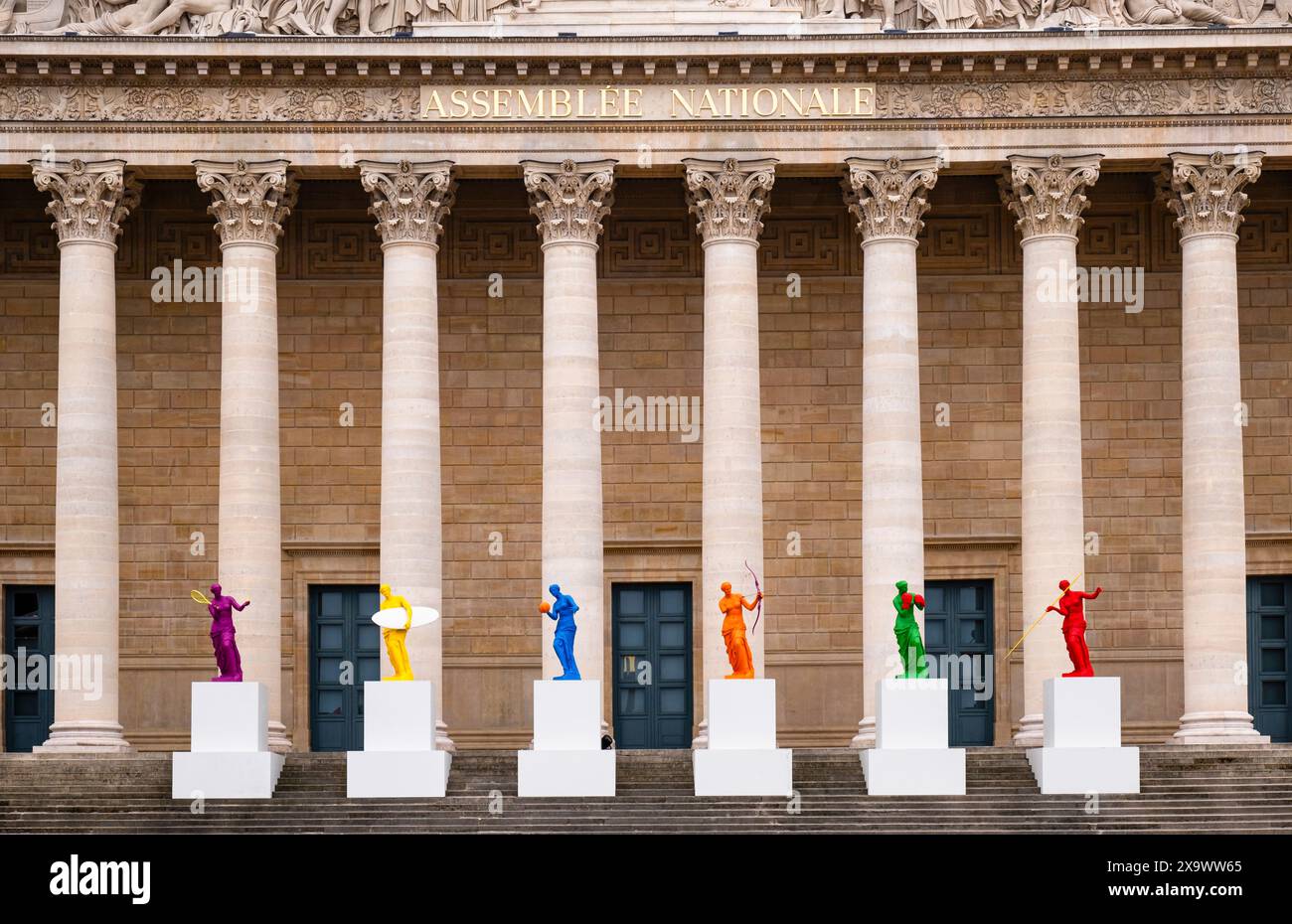Paris, France. 3rd June, 2024. Statues with sports equipment stand in ...