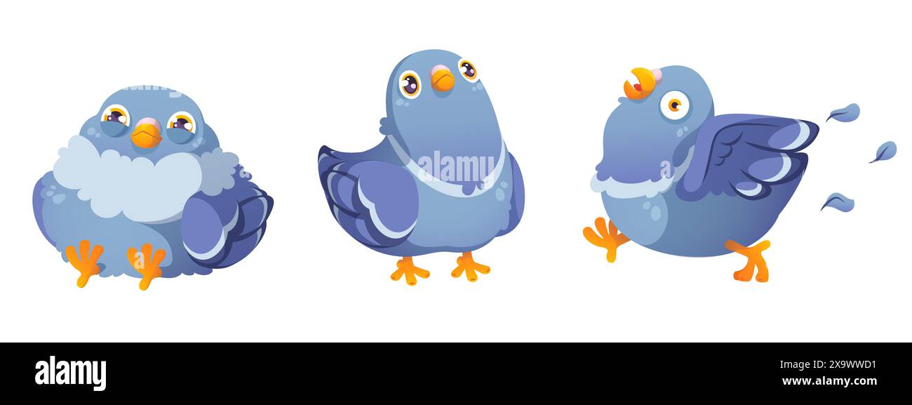 Comic pigeon characters set isolated on white background. Vector ...