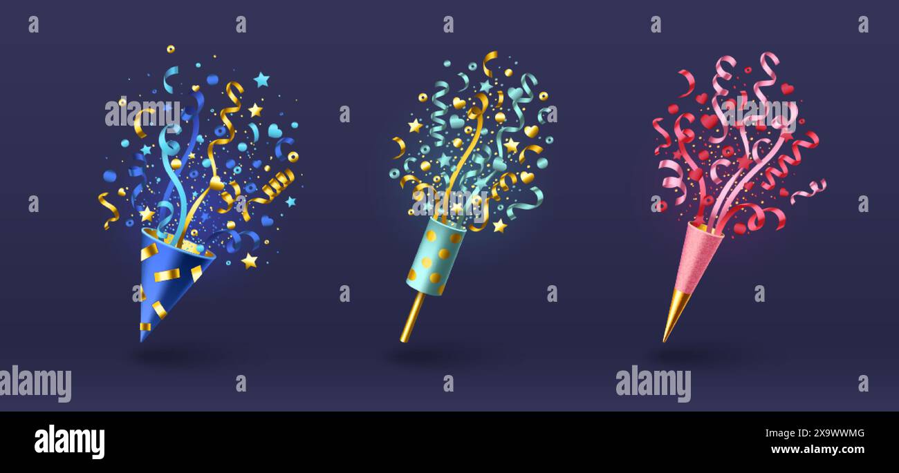 Birthday, New Year and Christmas party popper with flying confetti ...