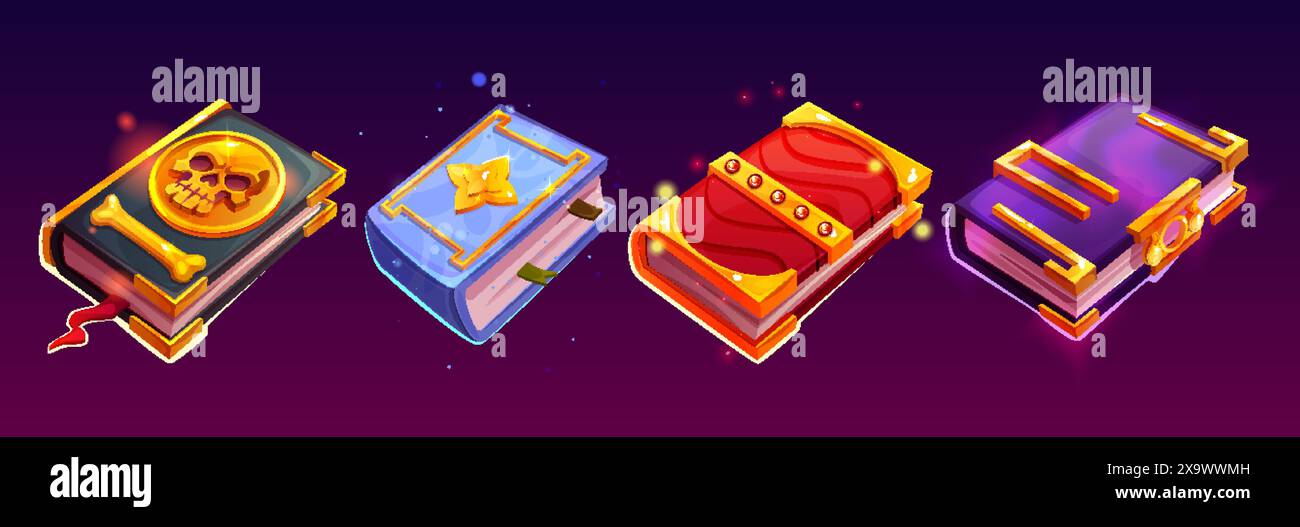 Magic books for game ui design. Cartoon vector illustration set of ...