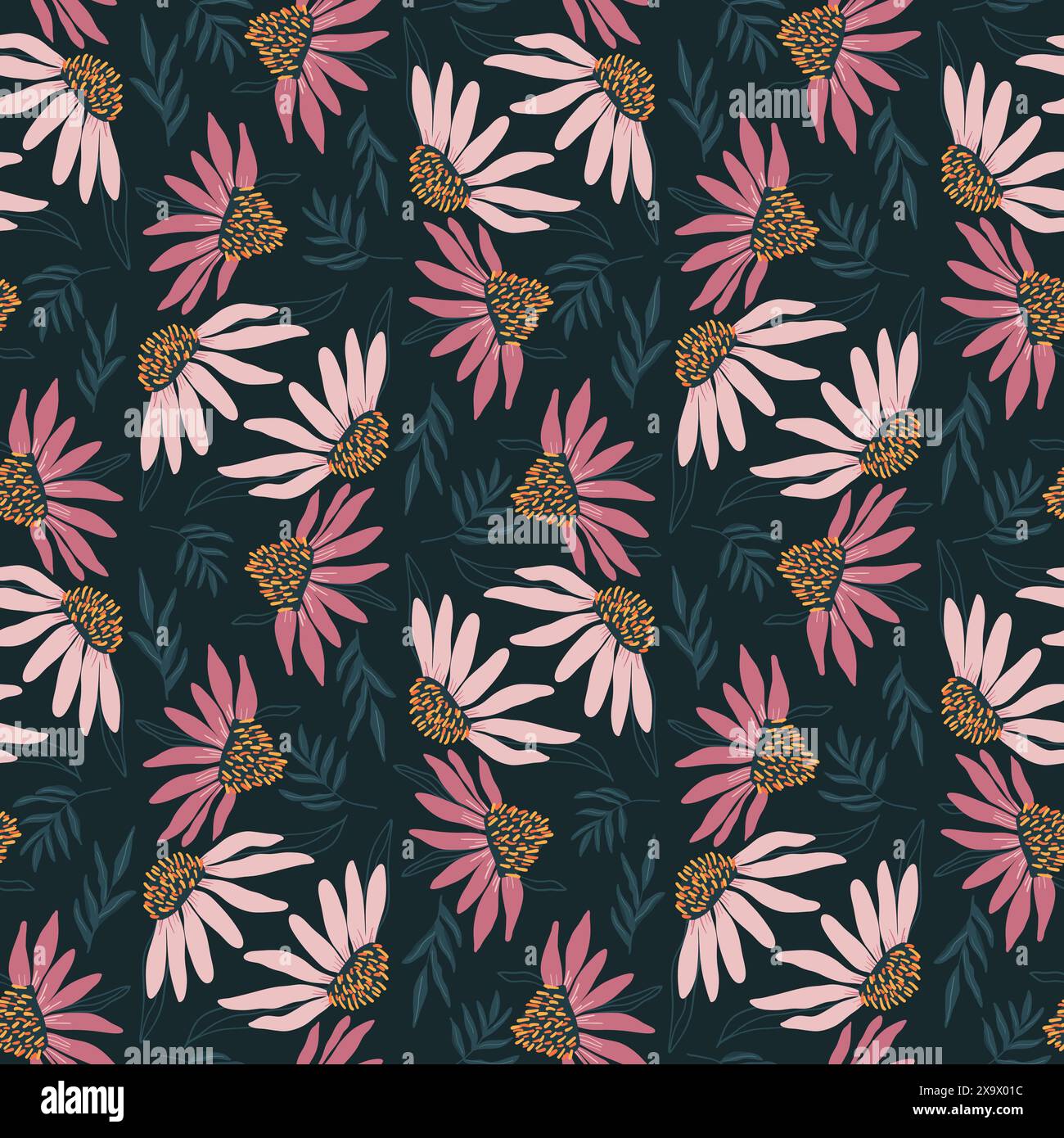 Coneflowers meadow seamless pattern. Purple echinacea dark continuous ...