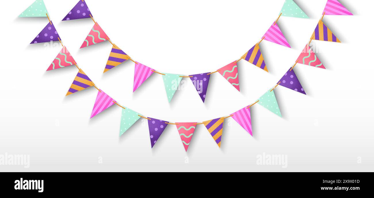 Triangle party garland with ornaments. Realistic 3d vector flag bunting ...