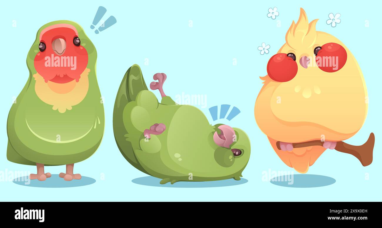 Cute green parrot character cartoon. Jungle bird illustration set ...