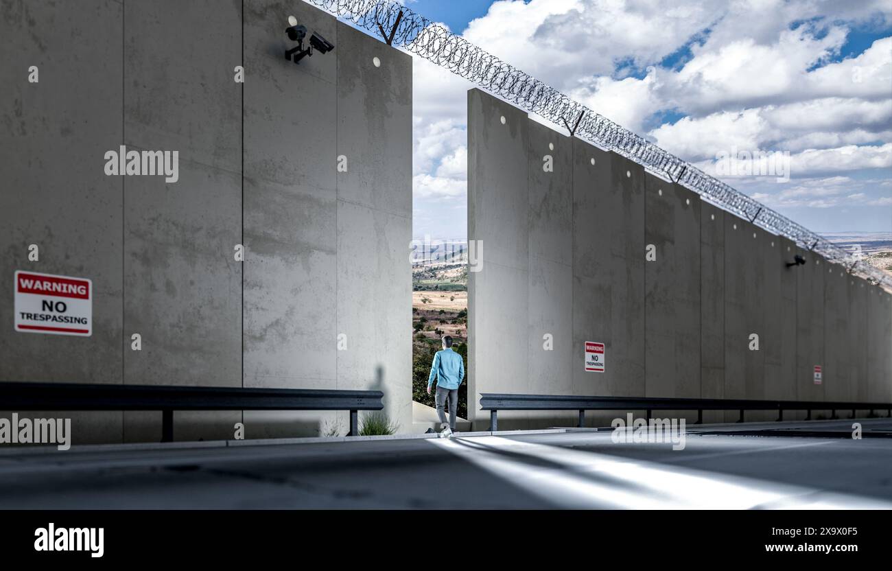 Man walking towards opening heavily fortified wall freedom opportunity ...