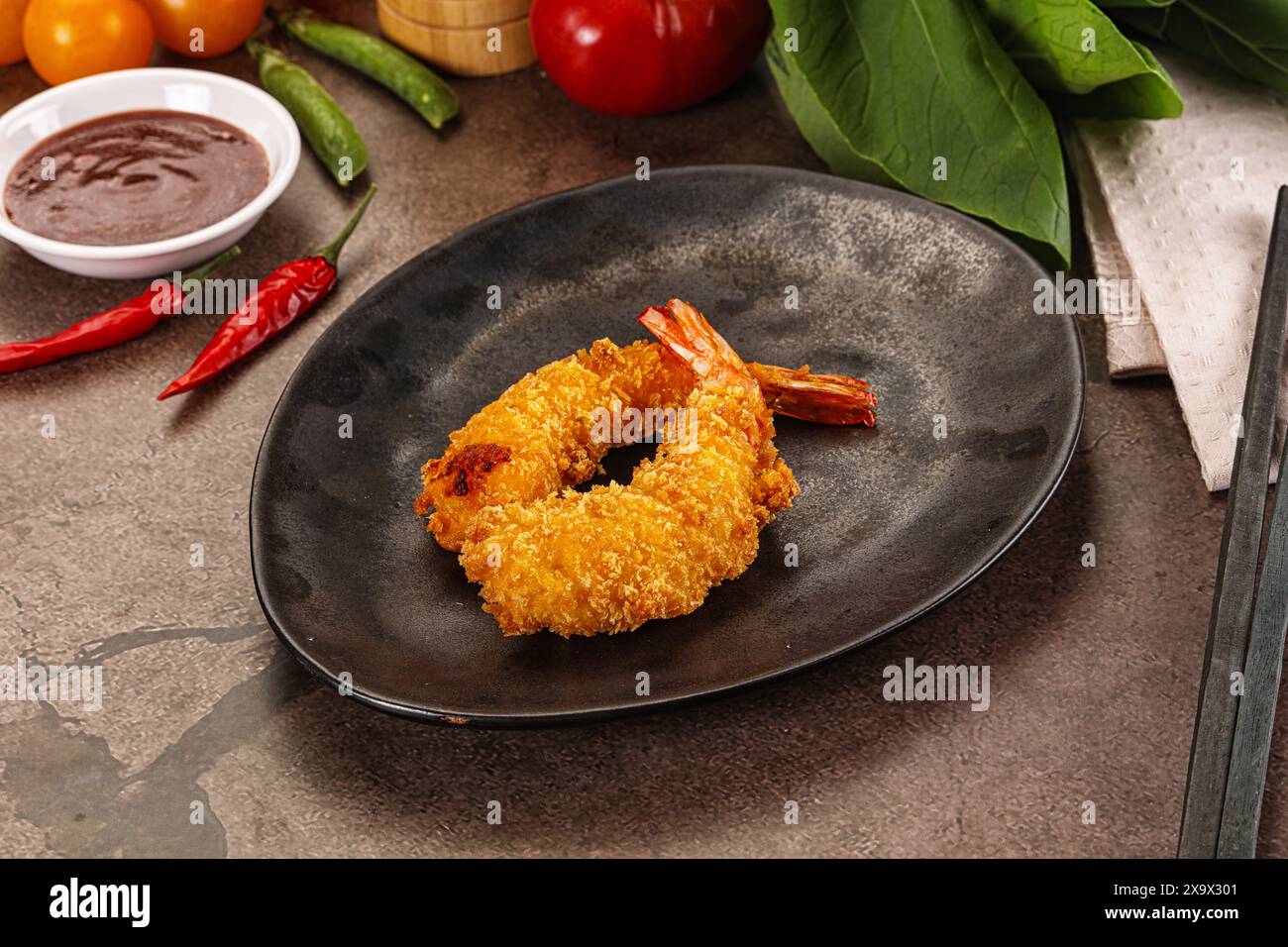 Crispy breaded golden fried prawns with sauce Stock Photo - Alamy