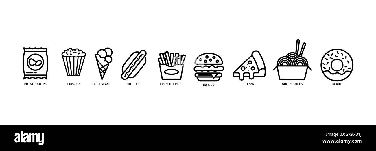 Fast food line icon set with editable stroke. Vector illustration Stock ...