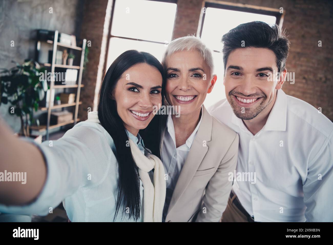 Photo of group friendly corporate coworkers make selfie toothy smile ...