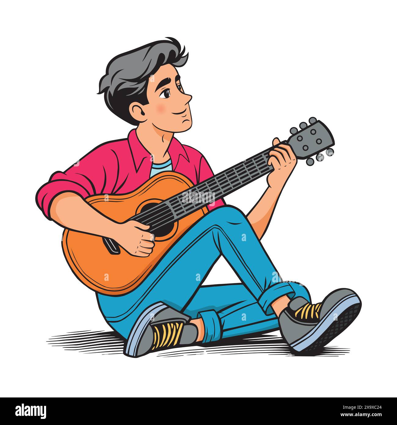 young man playing guitar and sings a song on white background Stock ...