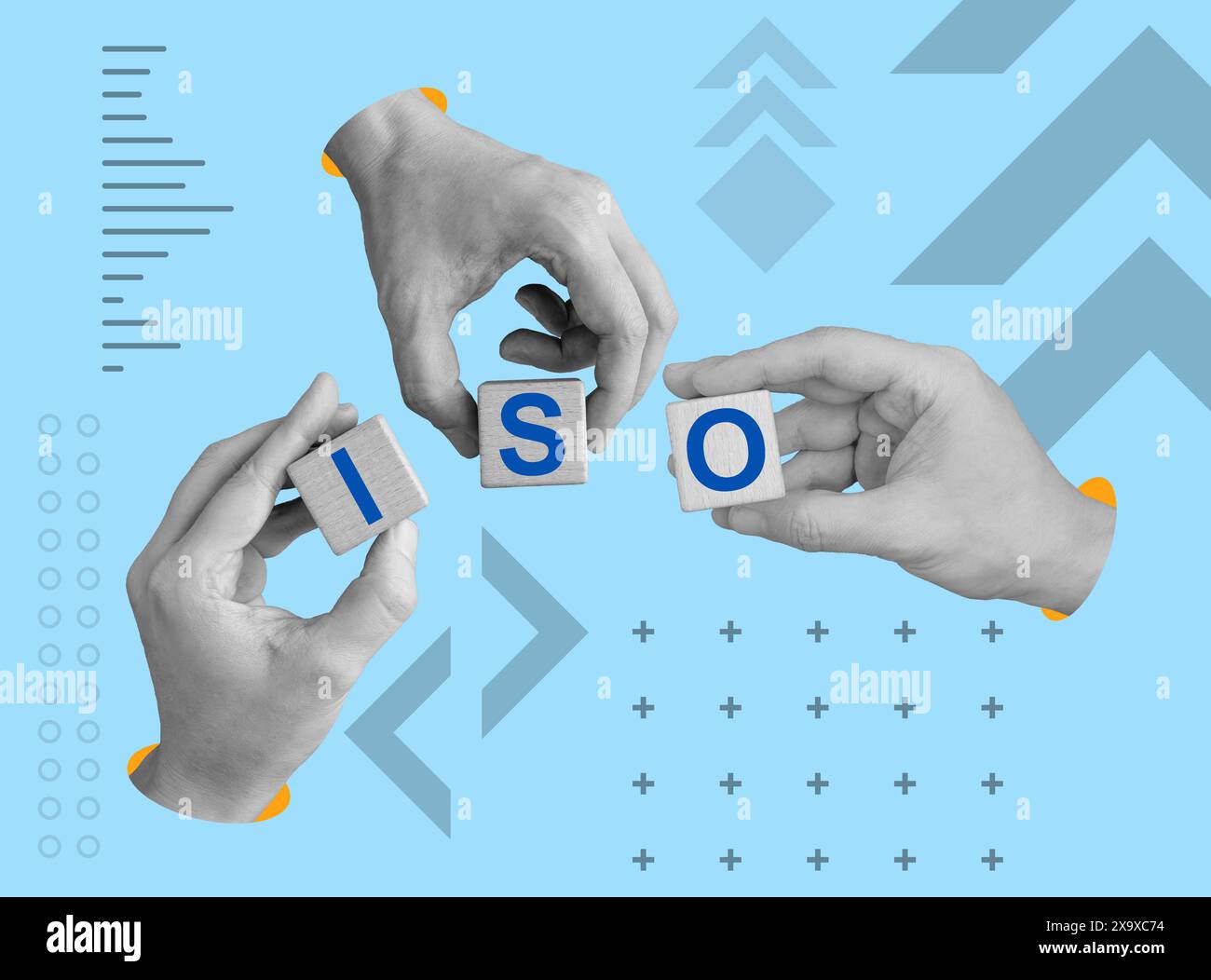 ISO standards and certification concept. Collage with hands holding ...