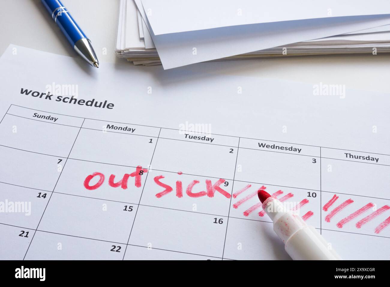 Work schedule with mark out sick for leave Stock Photo - Alamy
