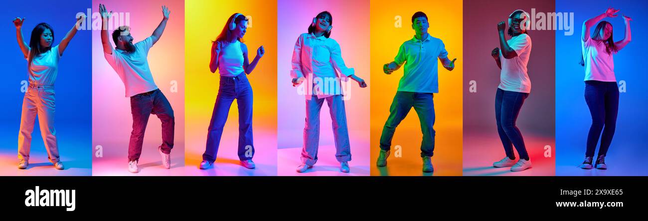 Collage. Overjoyed young people, men and woman different races dancing ...
