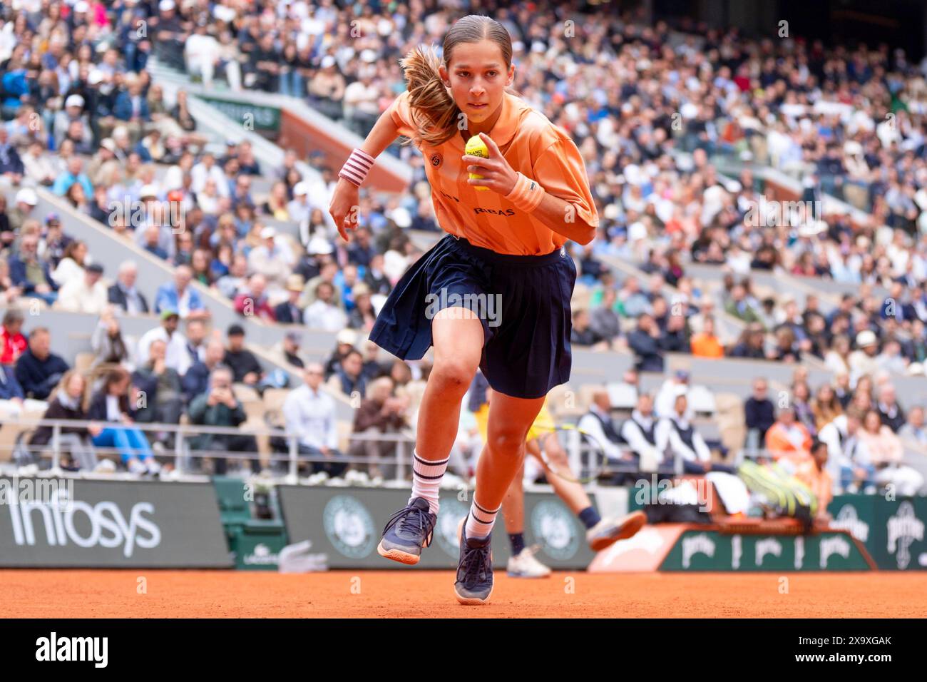 PARIS, FRANCE - JUNE 2: A ball girl is seen in action during Day 8 of ...