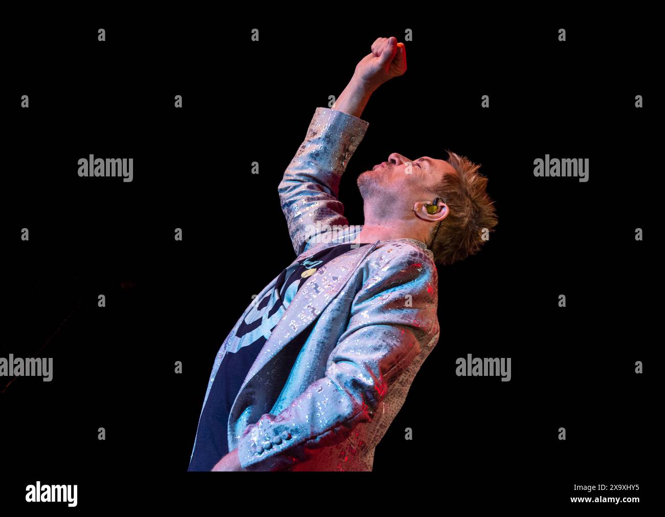 Lead vocalist of British band Duran Duran Simon Le Bon playing live at ...