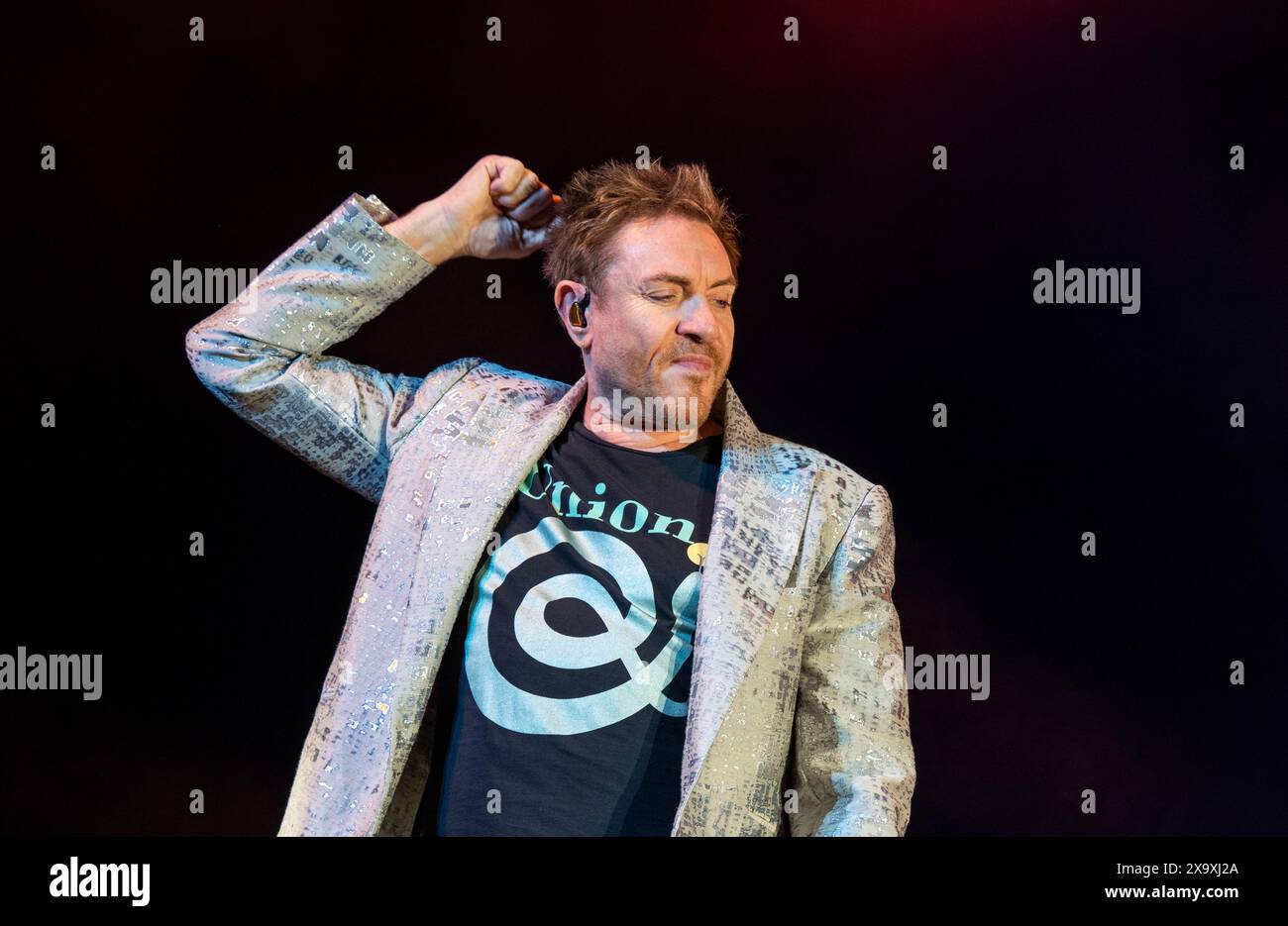 Lead vocalist of British band Duran Duran Simon Le Bon playing live at ...