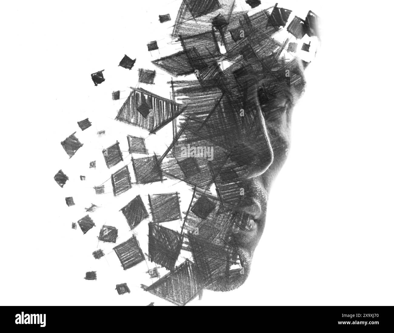 A black and white graphical half profile paintography portrait Stock ...