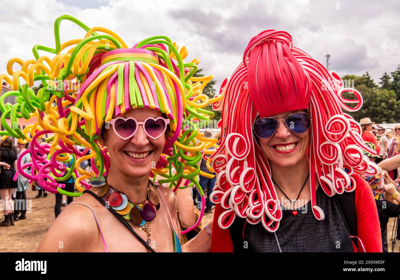 Two festival goers with remarkable wigs having fun and posing for the ...