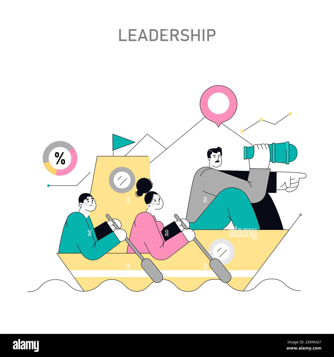 Leadership concept. A team in a boat with a leader using a spyglass to ...
