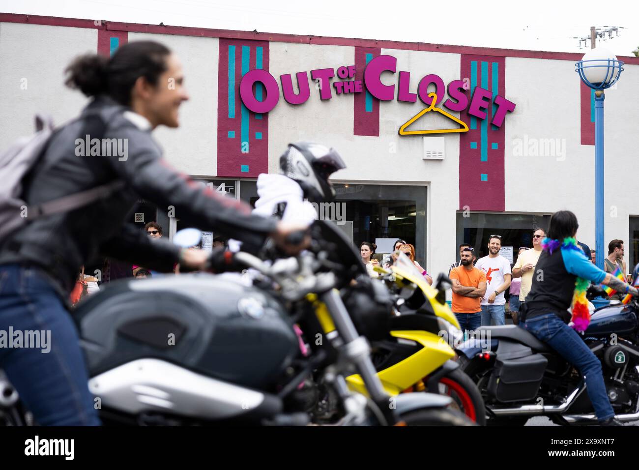 Los Angeles, USA. 02nd June, 2024. Motorcyclists ride past the thrift ...